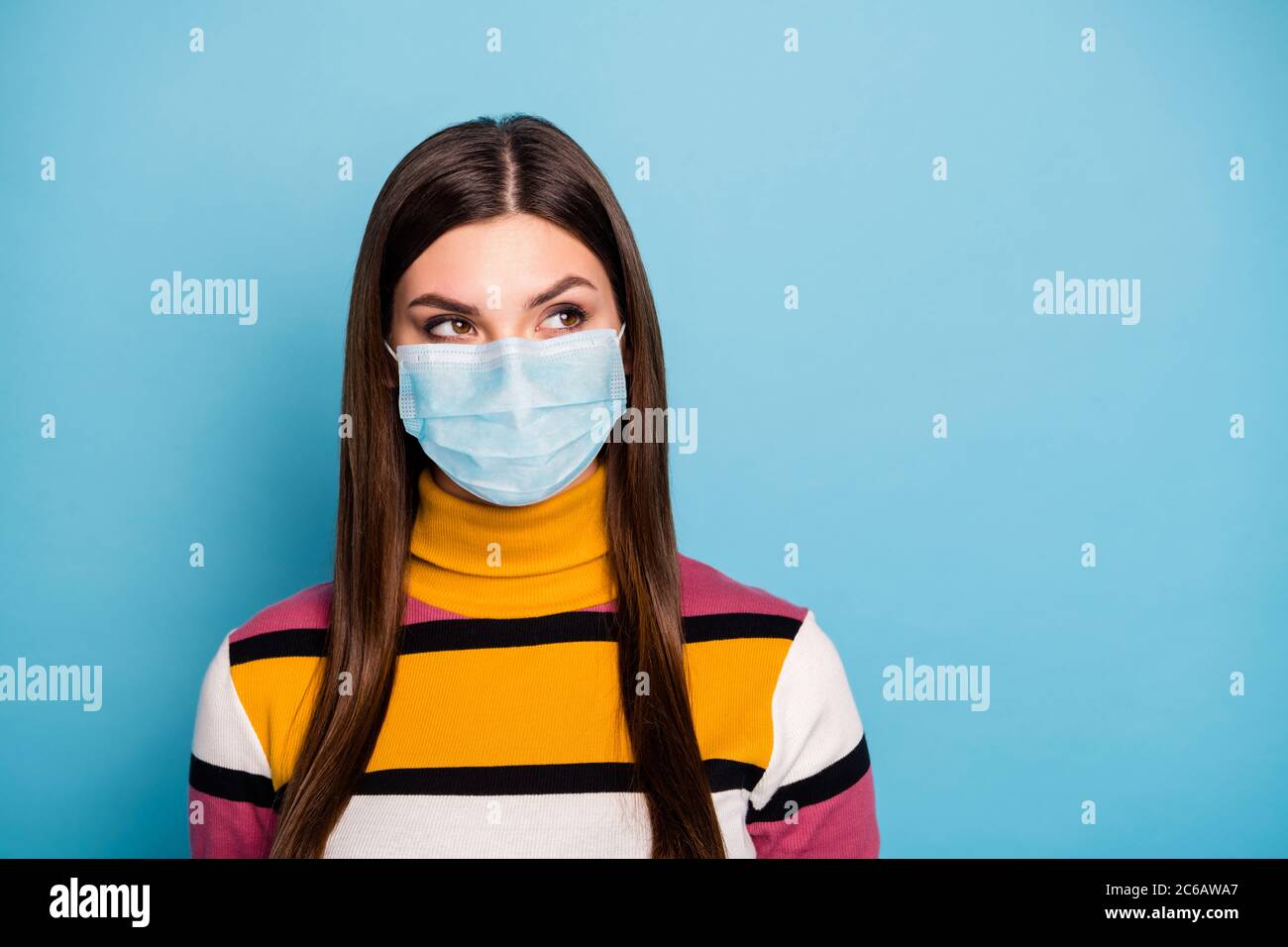 Close-up portrait of her she pretty pensive girl wearing safety gauze ...