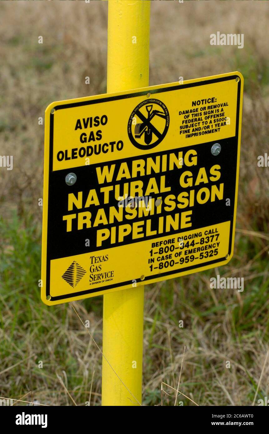 Austin, Texas USA, January 15 , 2005: Natural gas pipeline warning sign ...