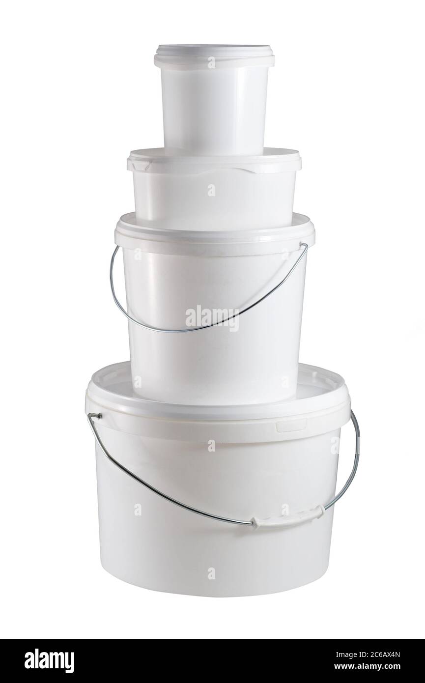 Four closed white plastic containers one on the another (with clipping ...