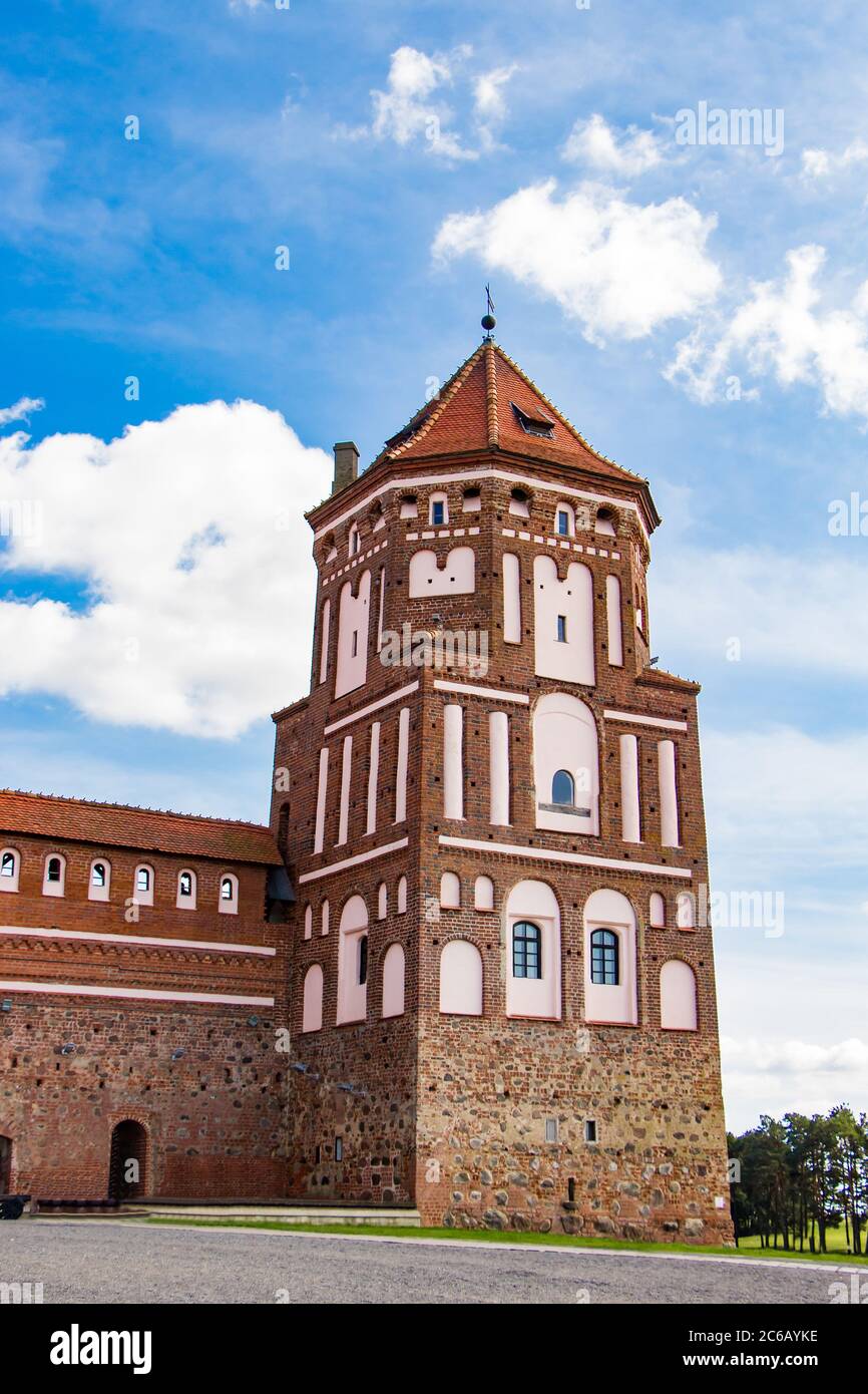 Mir, Belarus. View of a medieval castle on a background of blue sky ...