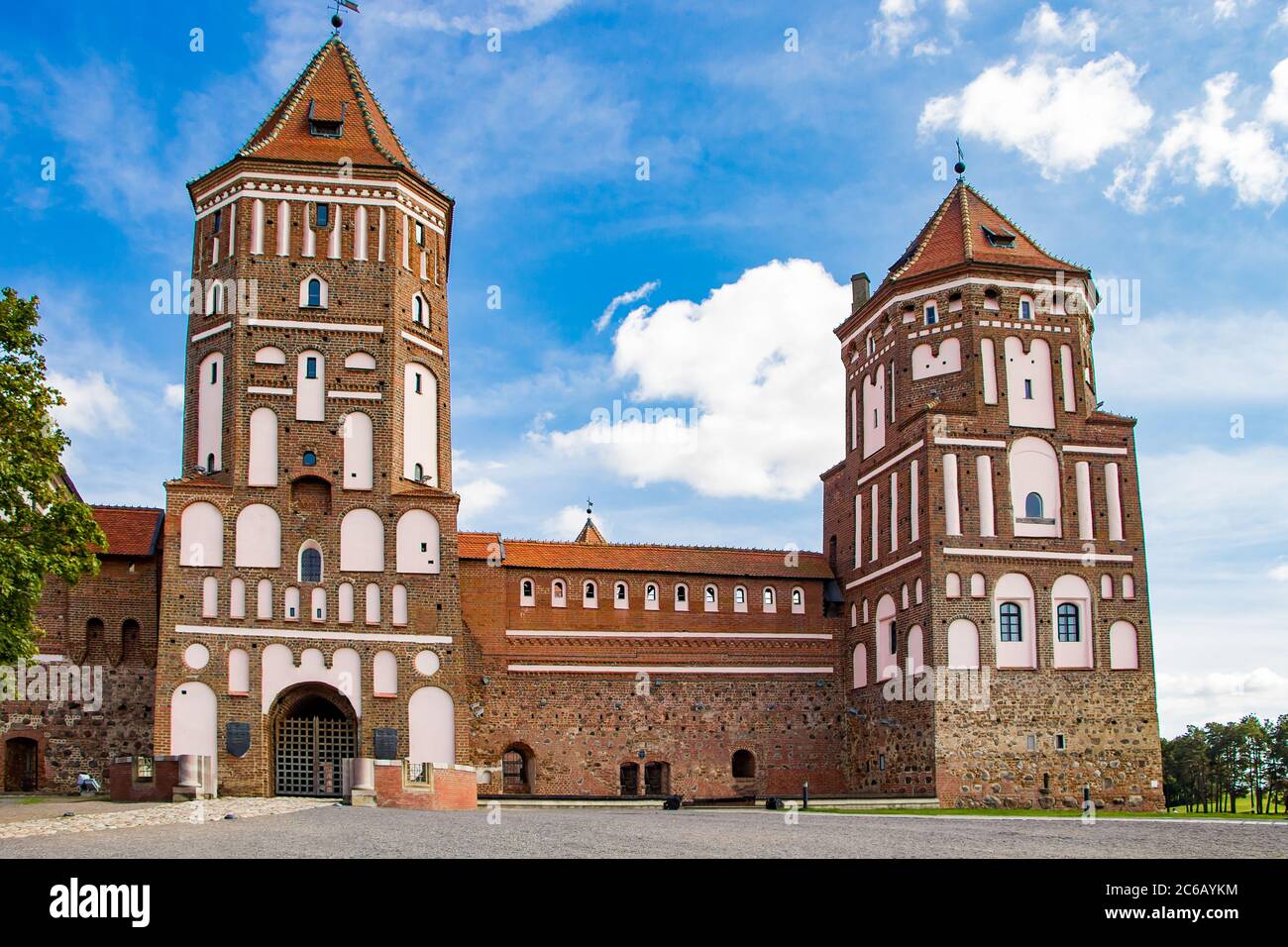 Mir, Belarus. Beautiful old medieval castle on a background of blue sky ...