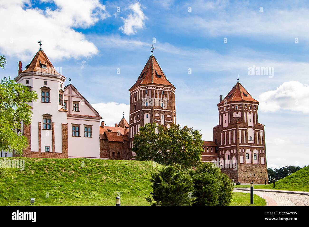 Mir, Belarus. Medieval castle on a background of blue sky. Summer ...