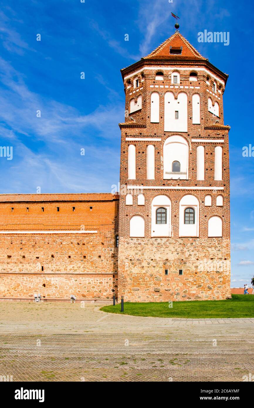 Mir, Belarus. Beautiful old medieval castle on a background of blue sky ...