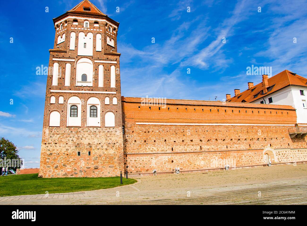 Mir, Belarus. Medieval castle on a background of blue sky. Summer ...