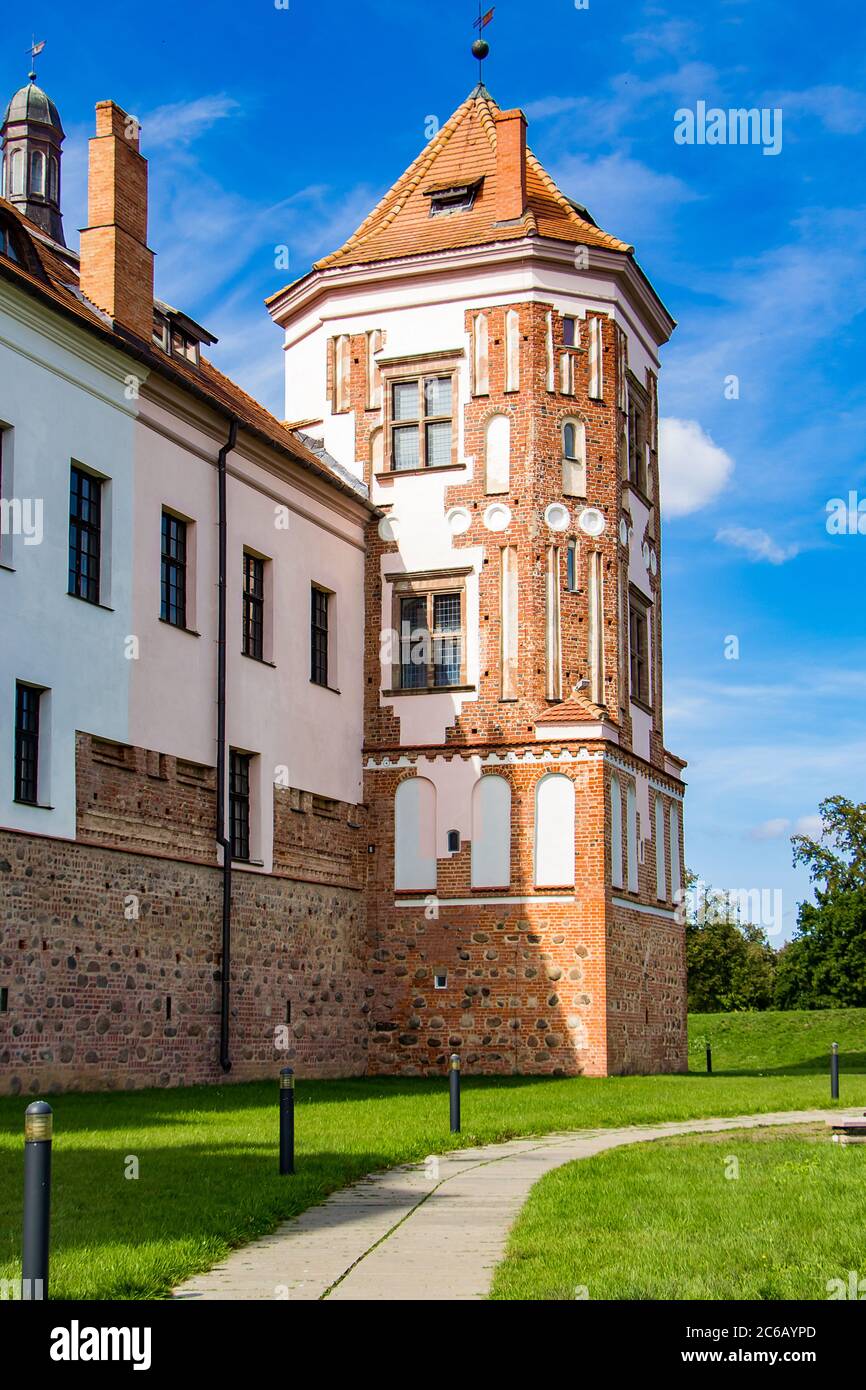 Mir, Belarus. Medieval castle on a background of blue sky. Summer ...