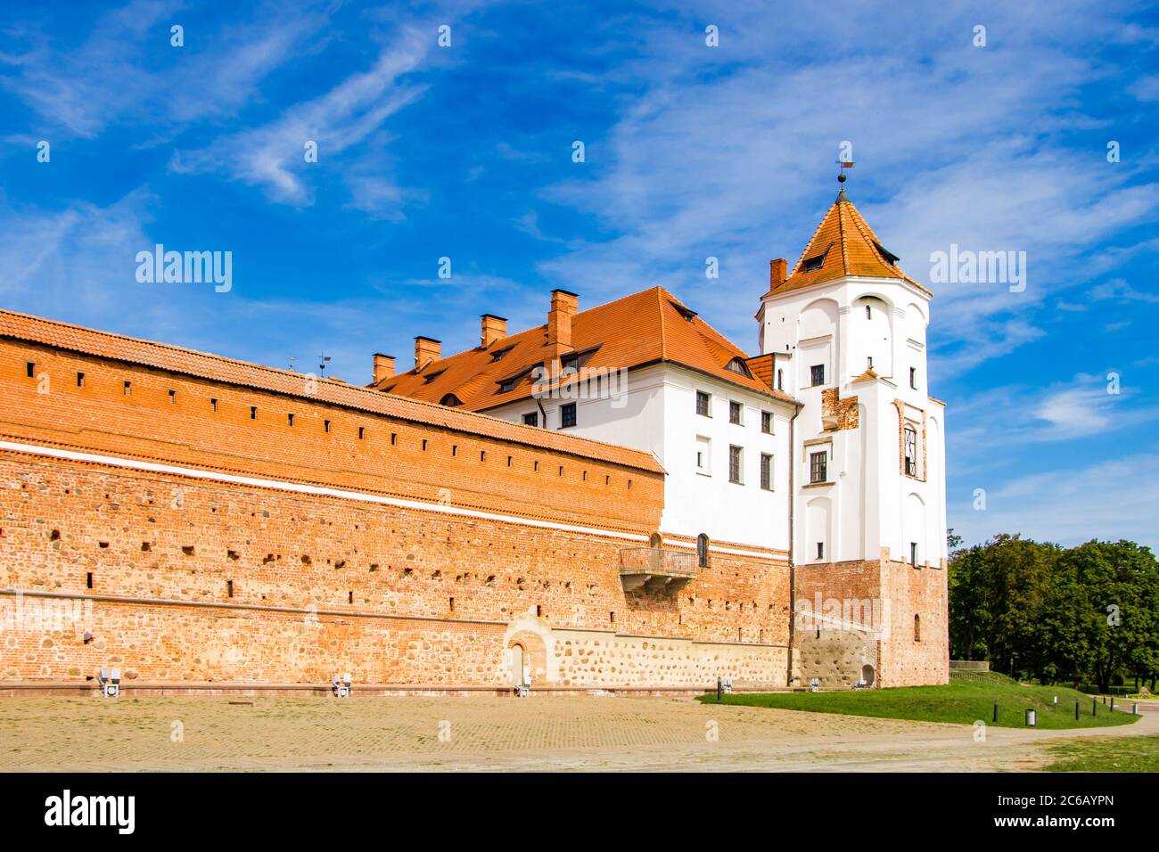 Mir, Belarus. View of a medieval castle on a background of blue sky ...