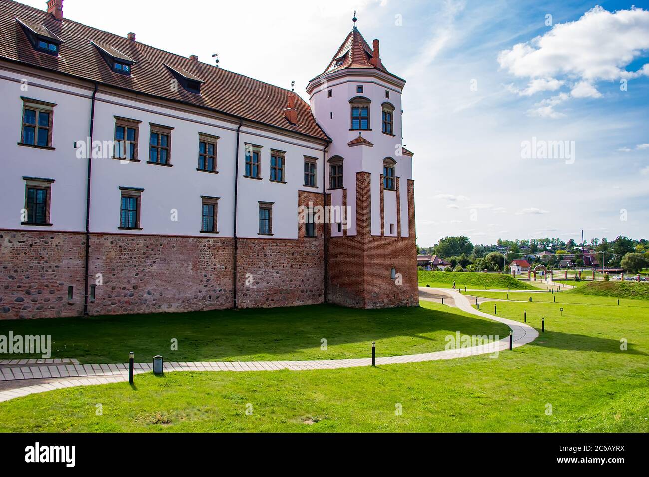 Mir, Belarus. Medieval castle on a background of blue sky. Summer ...