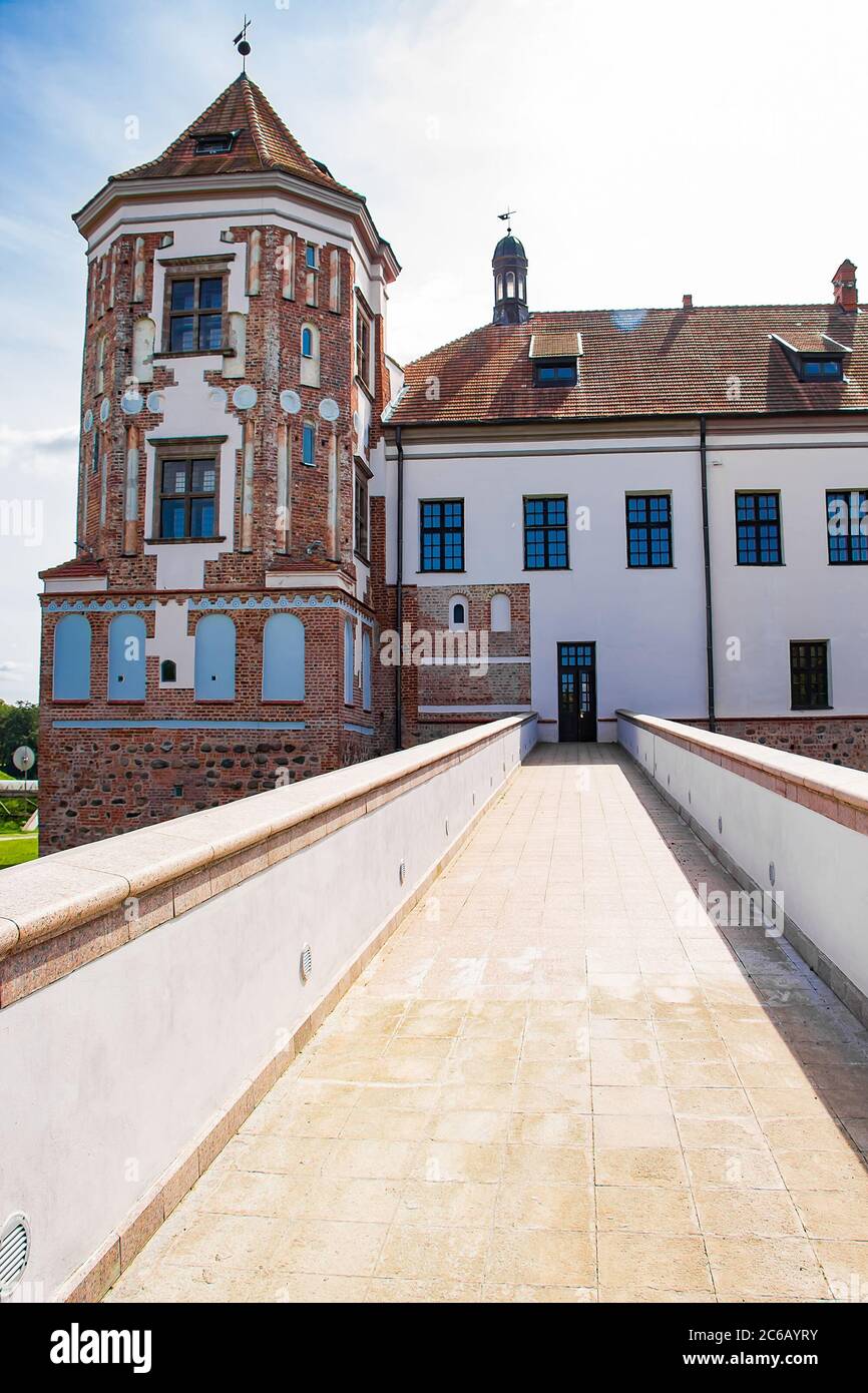 Mir, Belarus. Beautiful old medieval castle on a background of blue sky ...