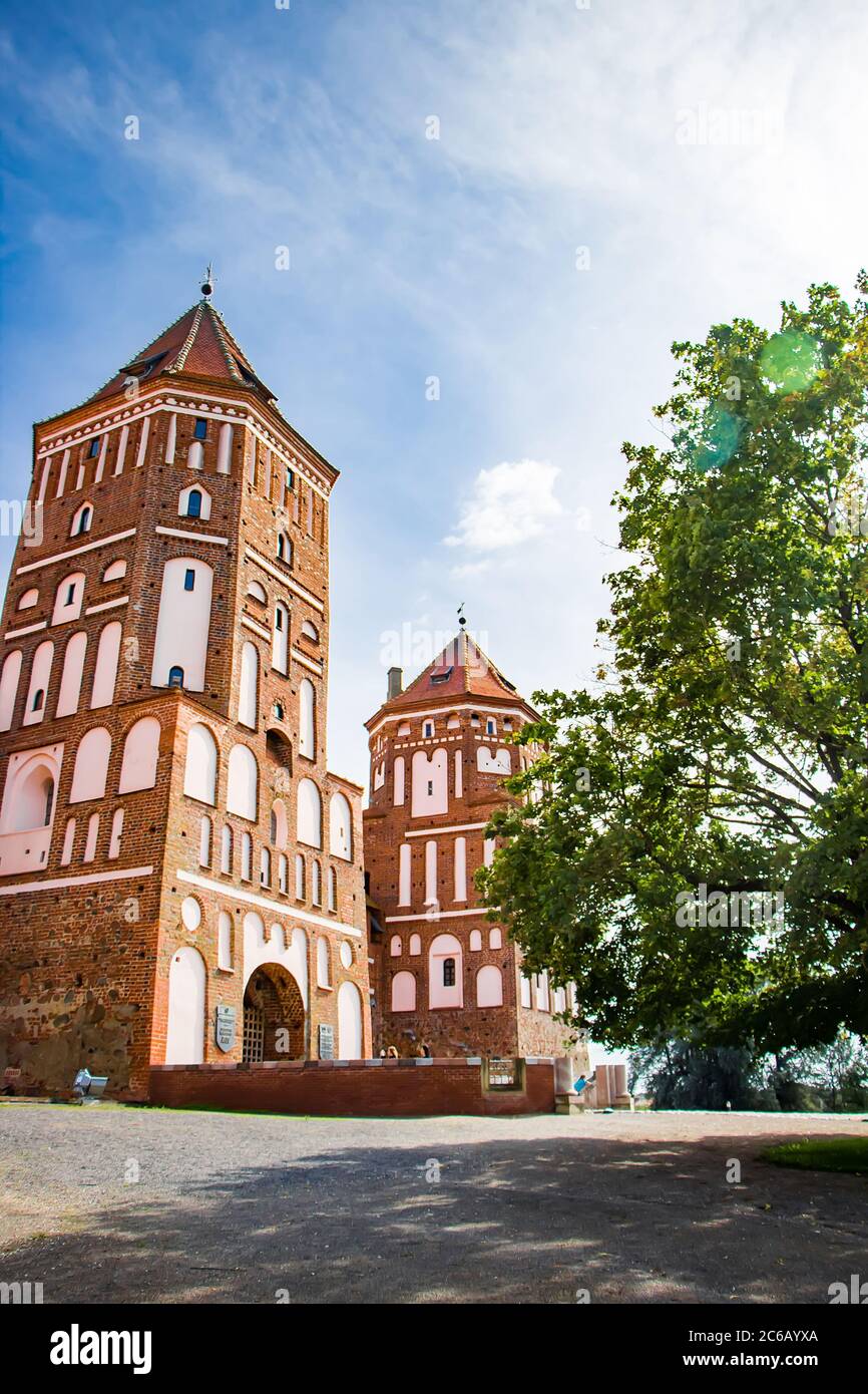 Mir, Belarus. Beautiful old medieval castle on a background of blue sky ...