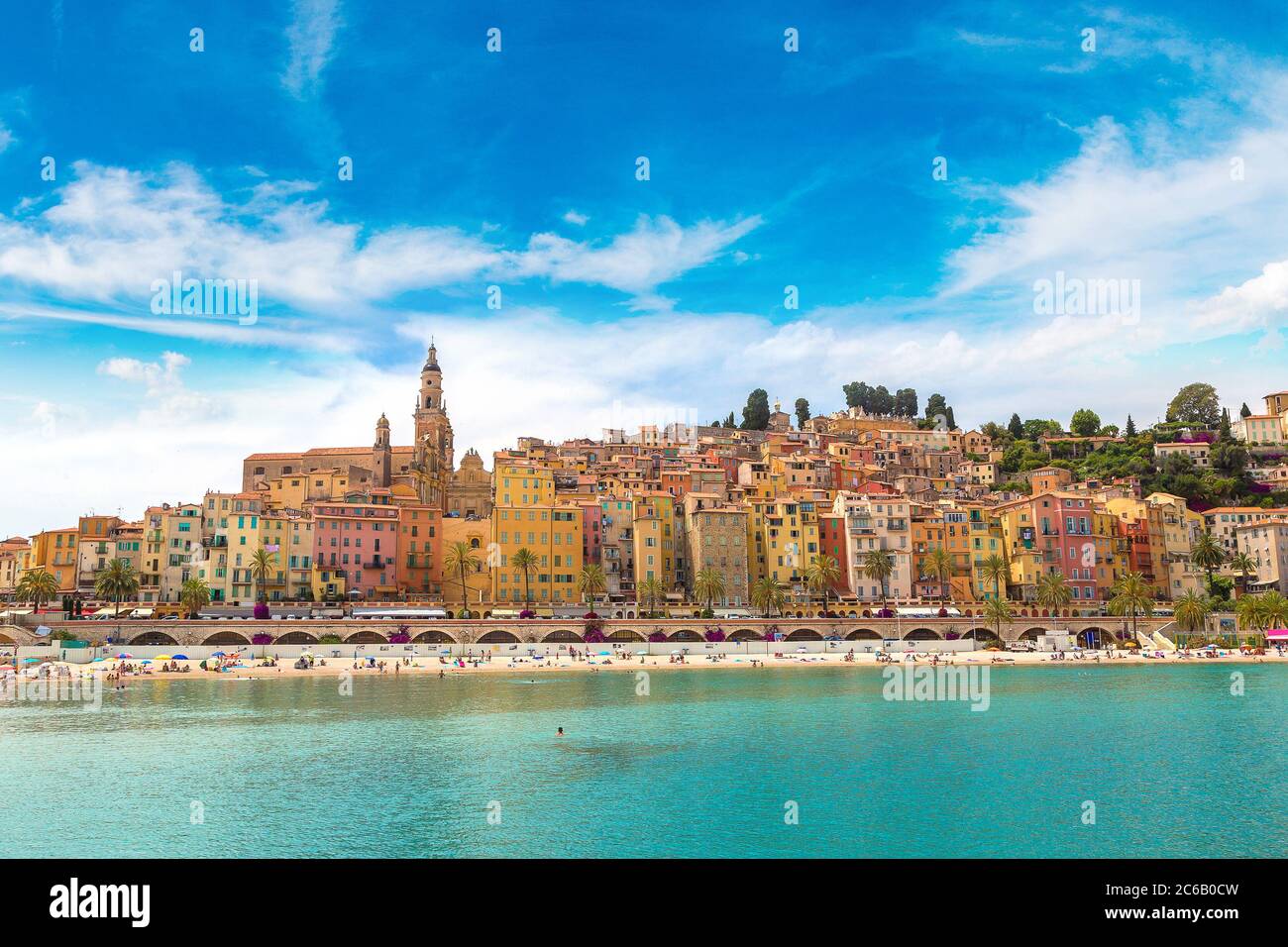 Colorful old town and beach in Menton on french Riviera in a beautiful ...