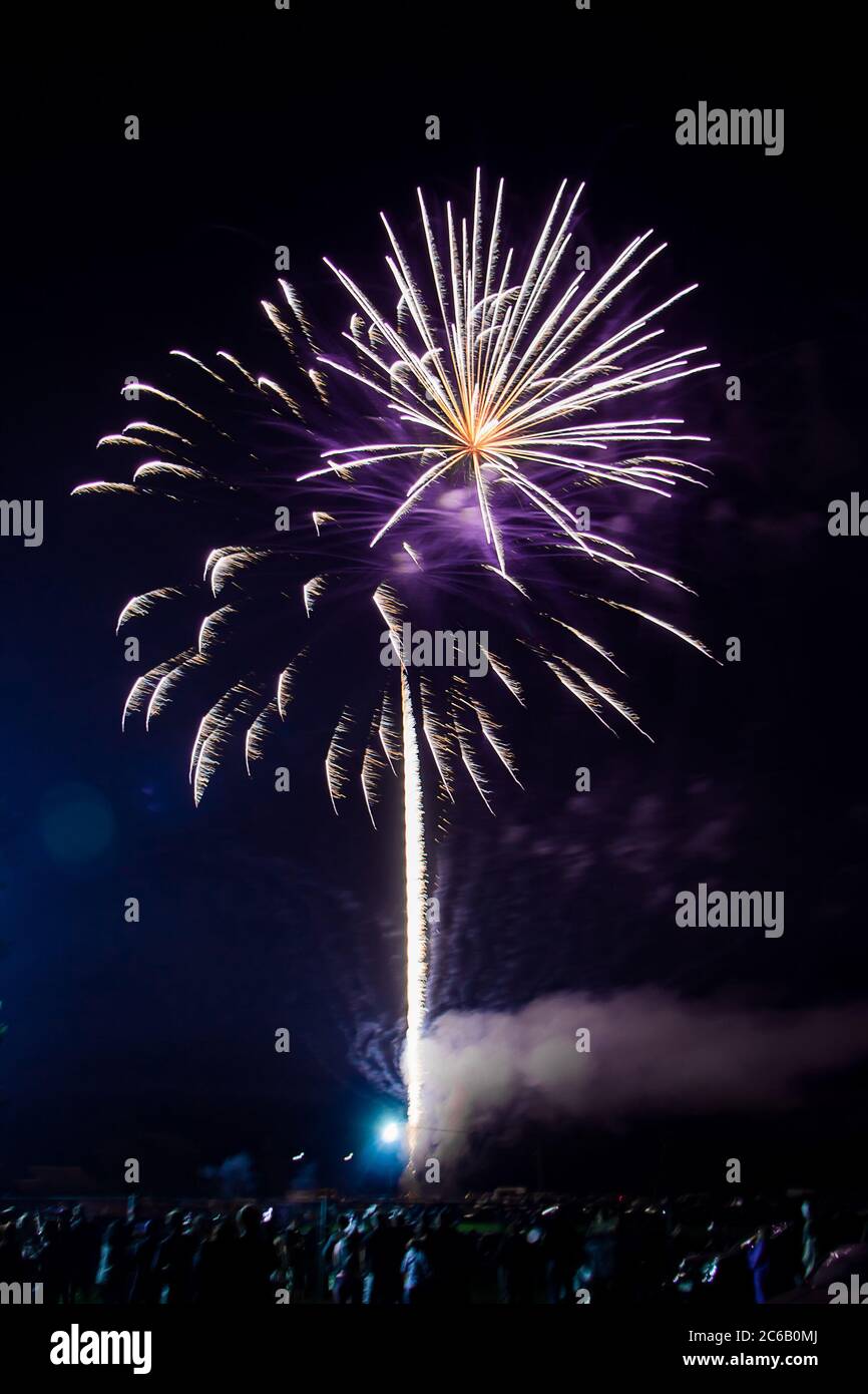 Beautiful colorful fireworks in the sky on a festive night. Vertical ...