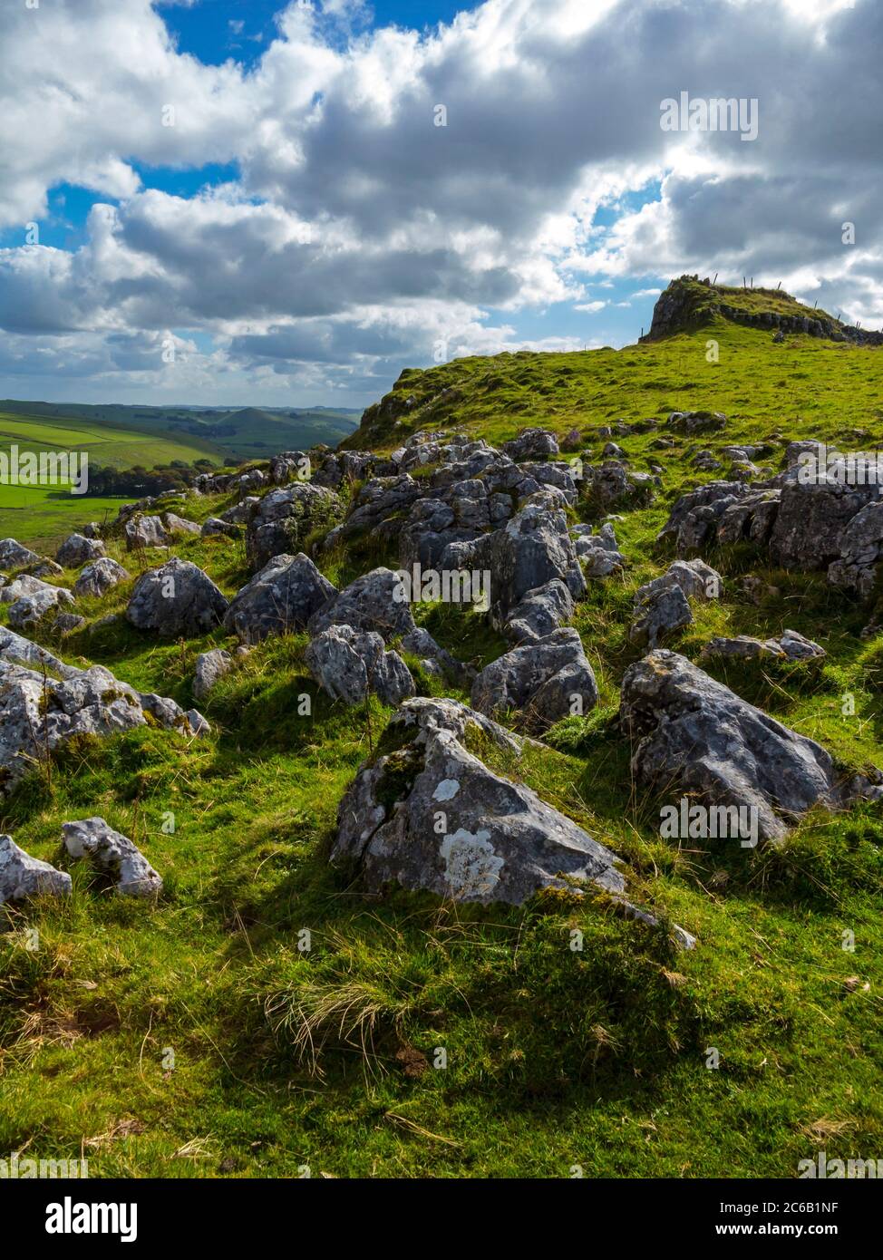 Exposed limestone rock at High Edge near Buxton in the Peak District ...