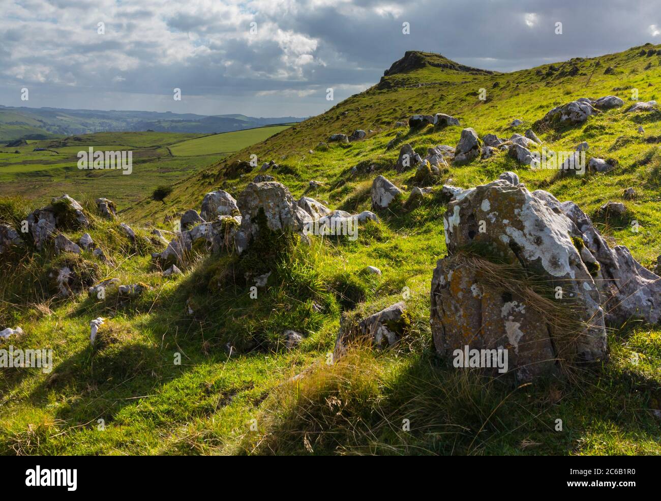 Exposed limestone rock at High Edge near Buxton in the Peak District ...