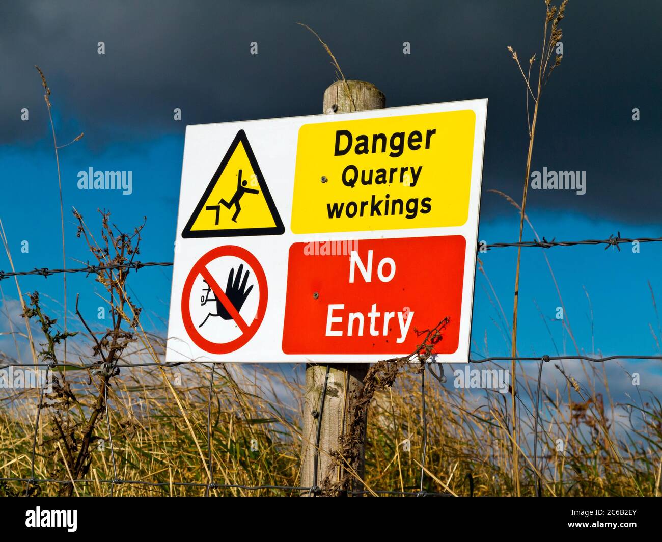 Danger Quarry Workings No Entry hazard warning sign outside a quarry ...
