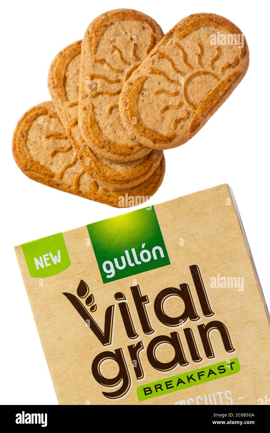 Box of Gullon Vital Grain breakfast cereal biscuits opened to show ...