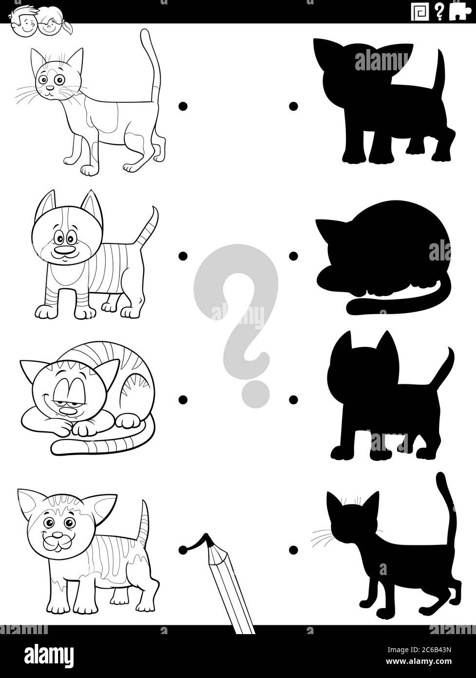 Black and White Cartoon Illustration of Match the Right Shadows with ...
