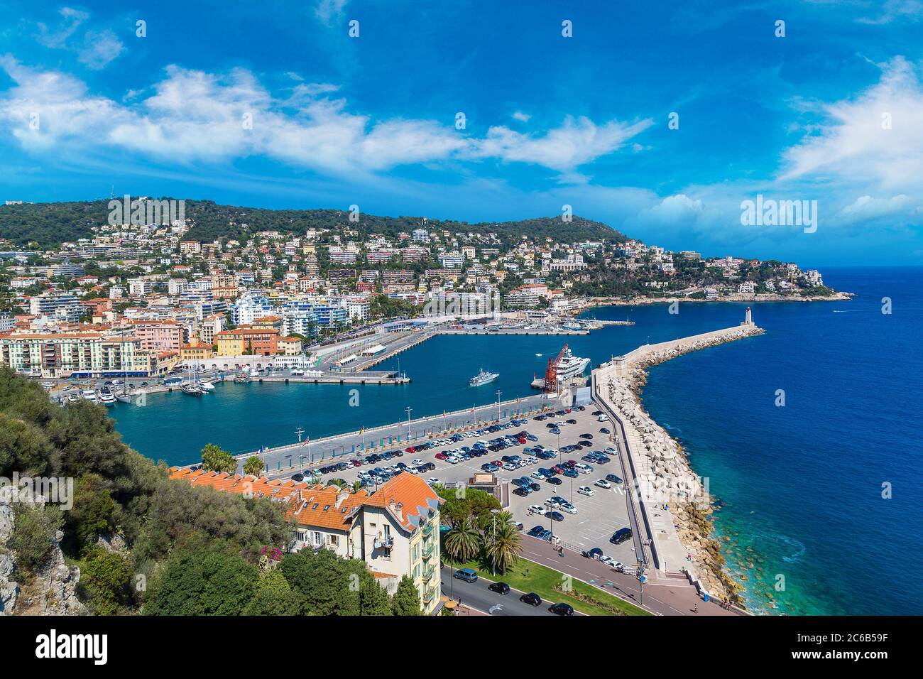 Panoramic aerial view of port in Nice in a beautiful summer day, France ...