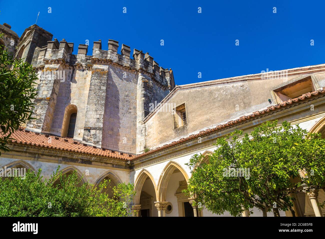 Central square of the inside medieval Templar castle in Tomar in a ...