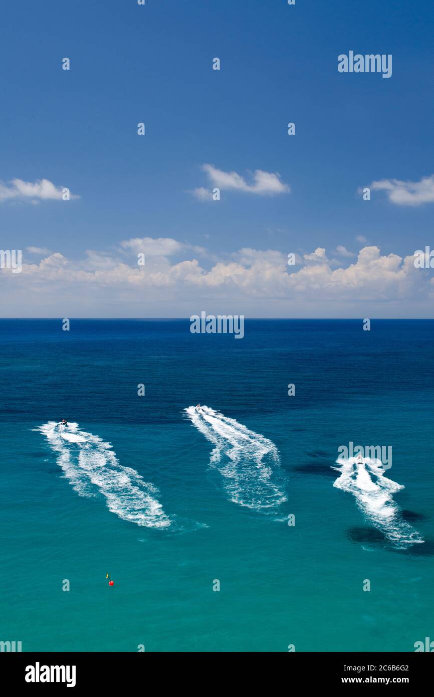 Aerial view of people on jet skis, Coral Bay, Paphos, Cyprus ...