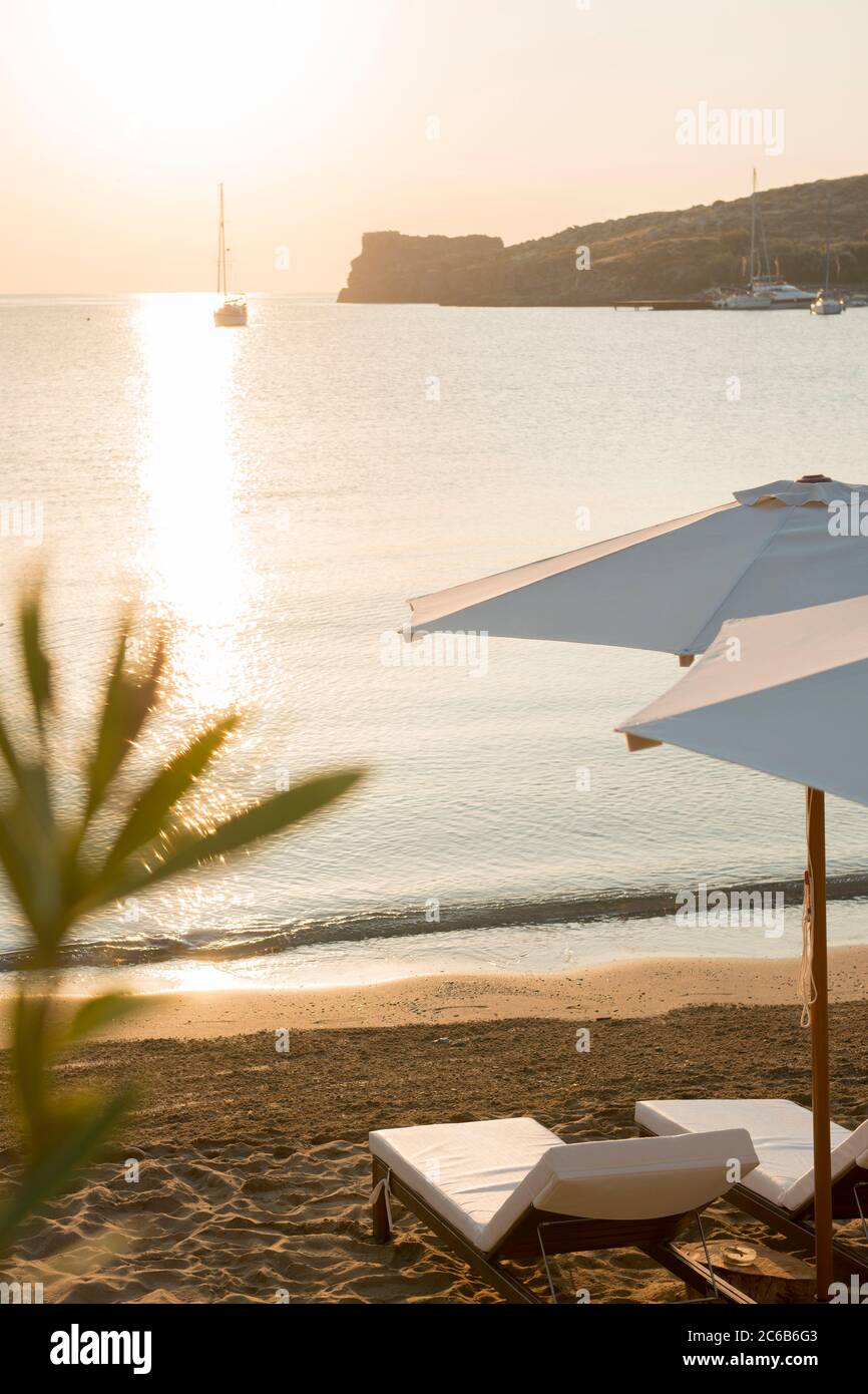 View over Lindos beach at sunrise, Lindos, Rhodes, Dodecanese, Greek ...