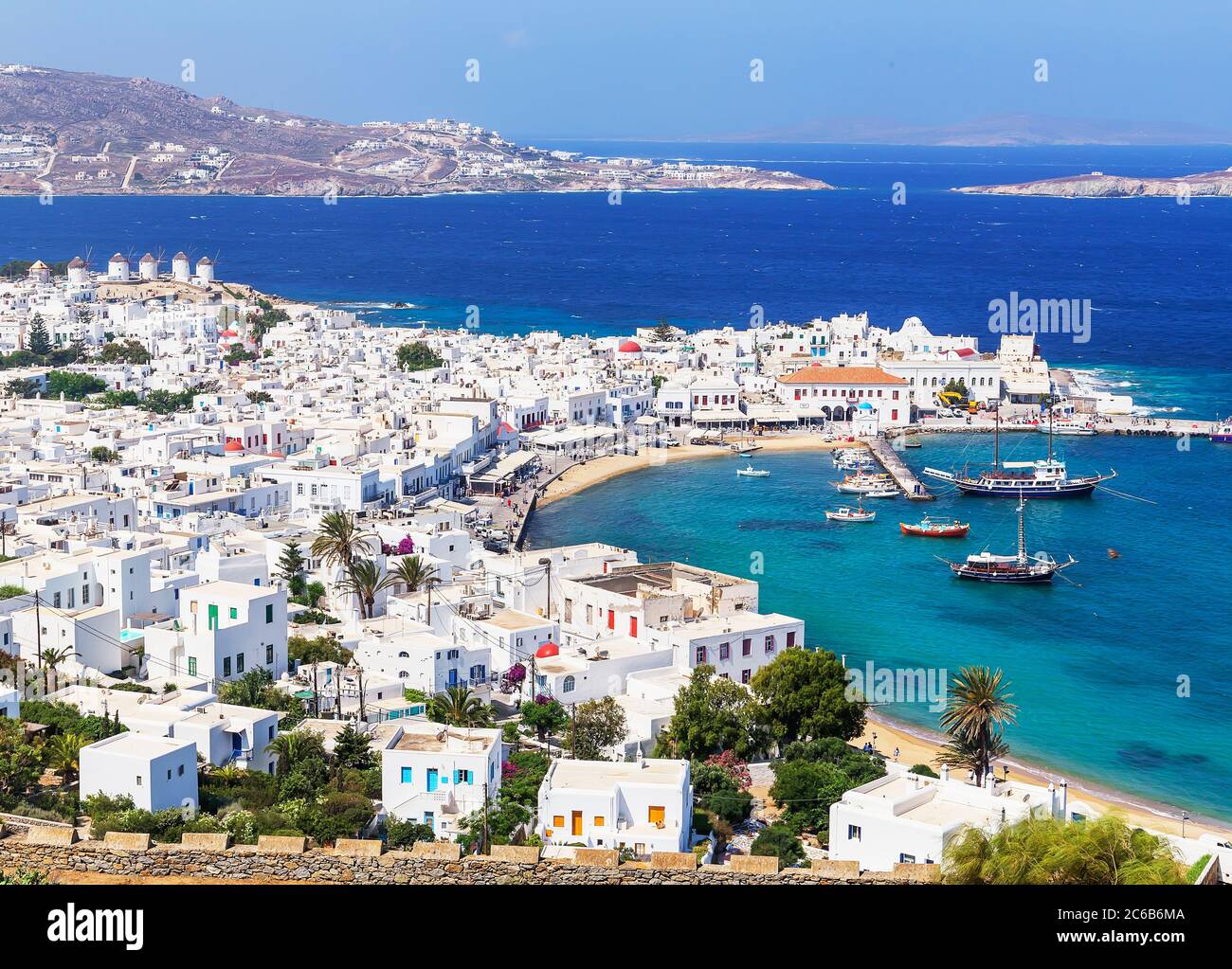 Mykonos Town and old harbour, elevated view, Mykonos, Cyclades Islands ...