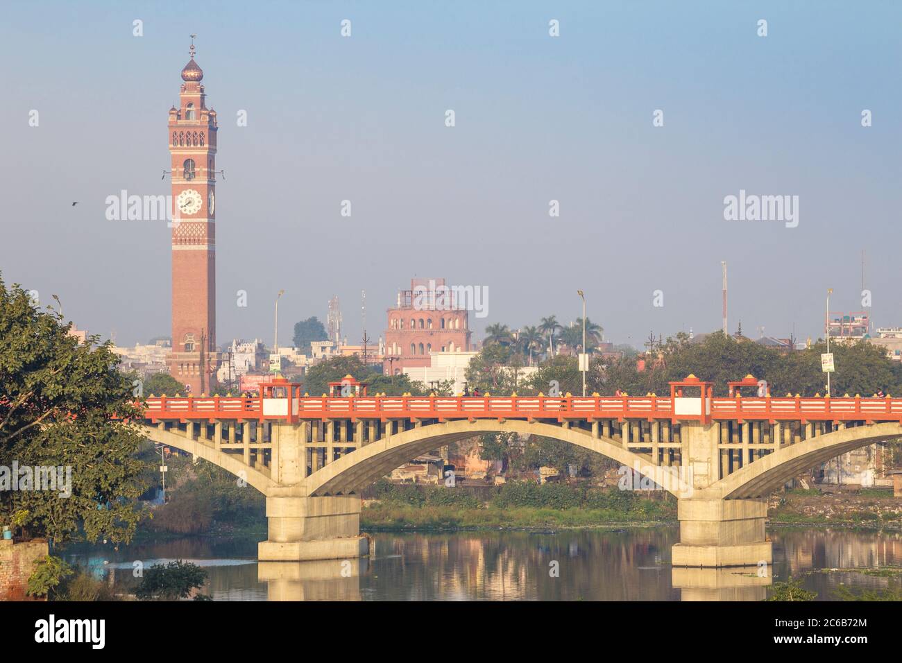 Bridge over Gomti River with Clock Tower in distance, Lucknow, Uttar ...