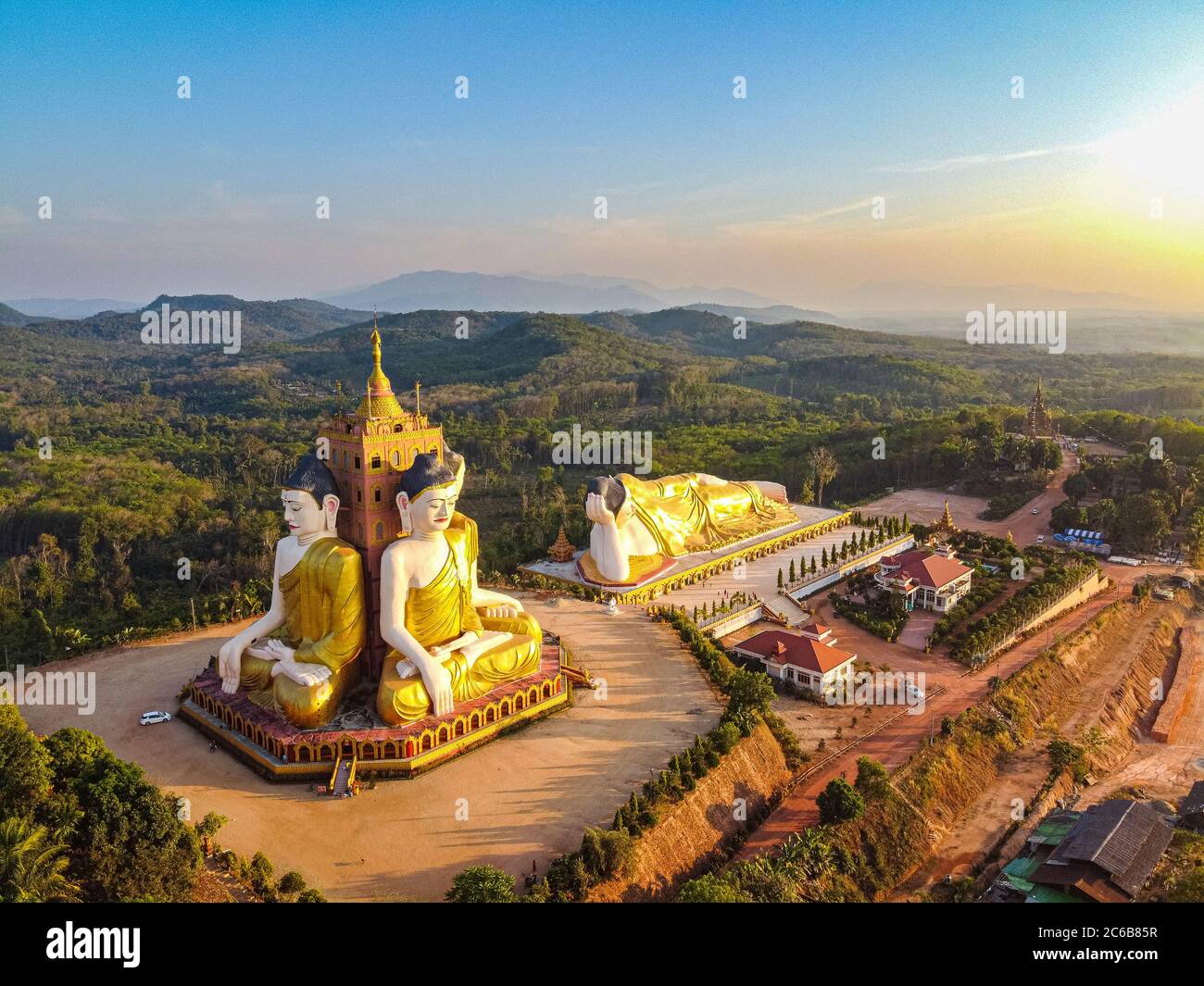 Aerial by drone of the huge sitting and reclining Buddhas, Ko Yin Lay ...