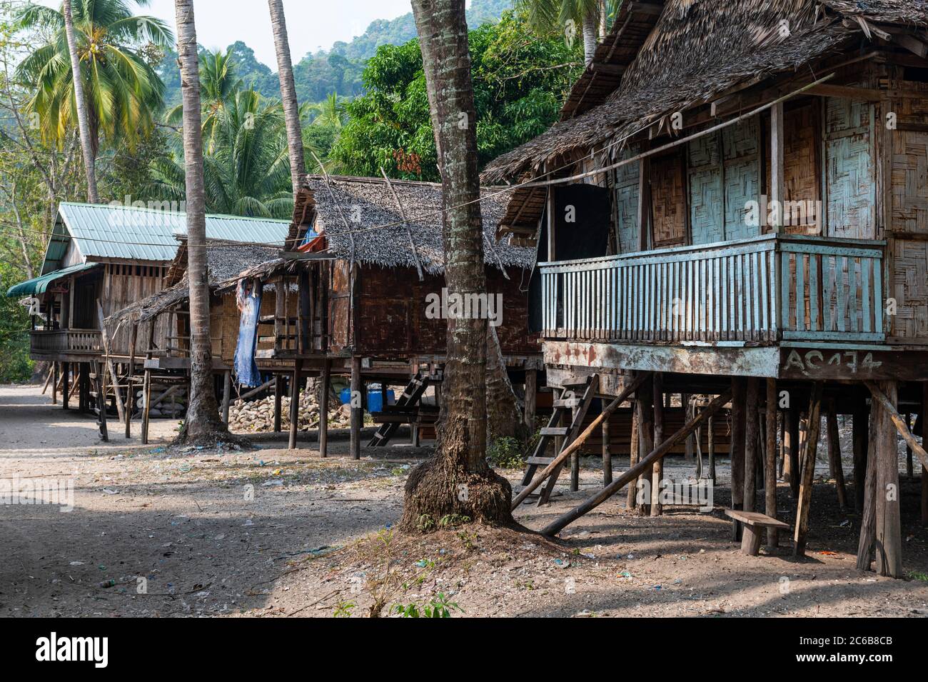 Moken, sea gypsy village on a white sand beach on Dome Island, Mergui ...