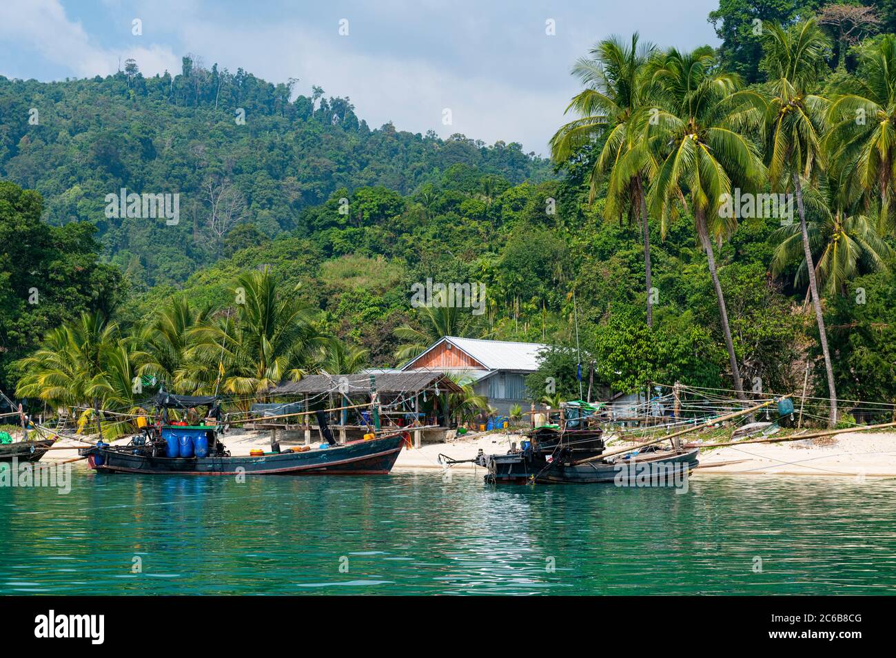 Moken, sea gypsy village on a white sand beach on Dome Island, Mergui ...