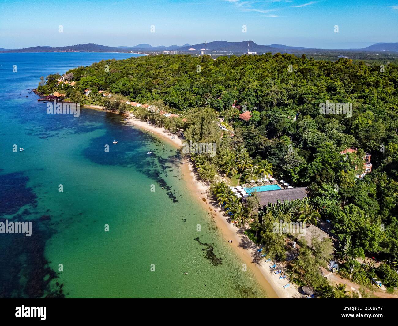 Aerial of the clear waters of Ong Lang beach, island of Phu Quoc ...
