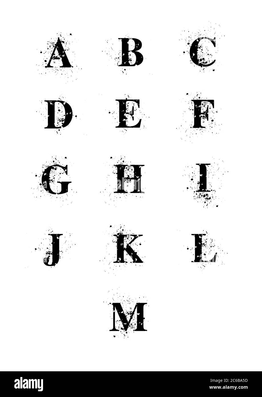 Blot Font letters A to M. A black serif font with ink splatters ...