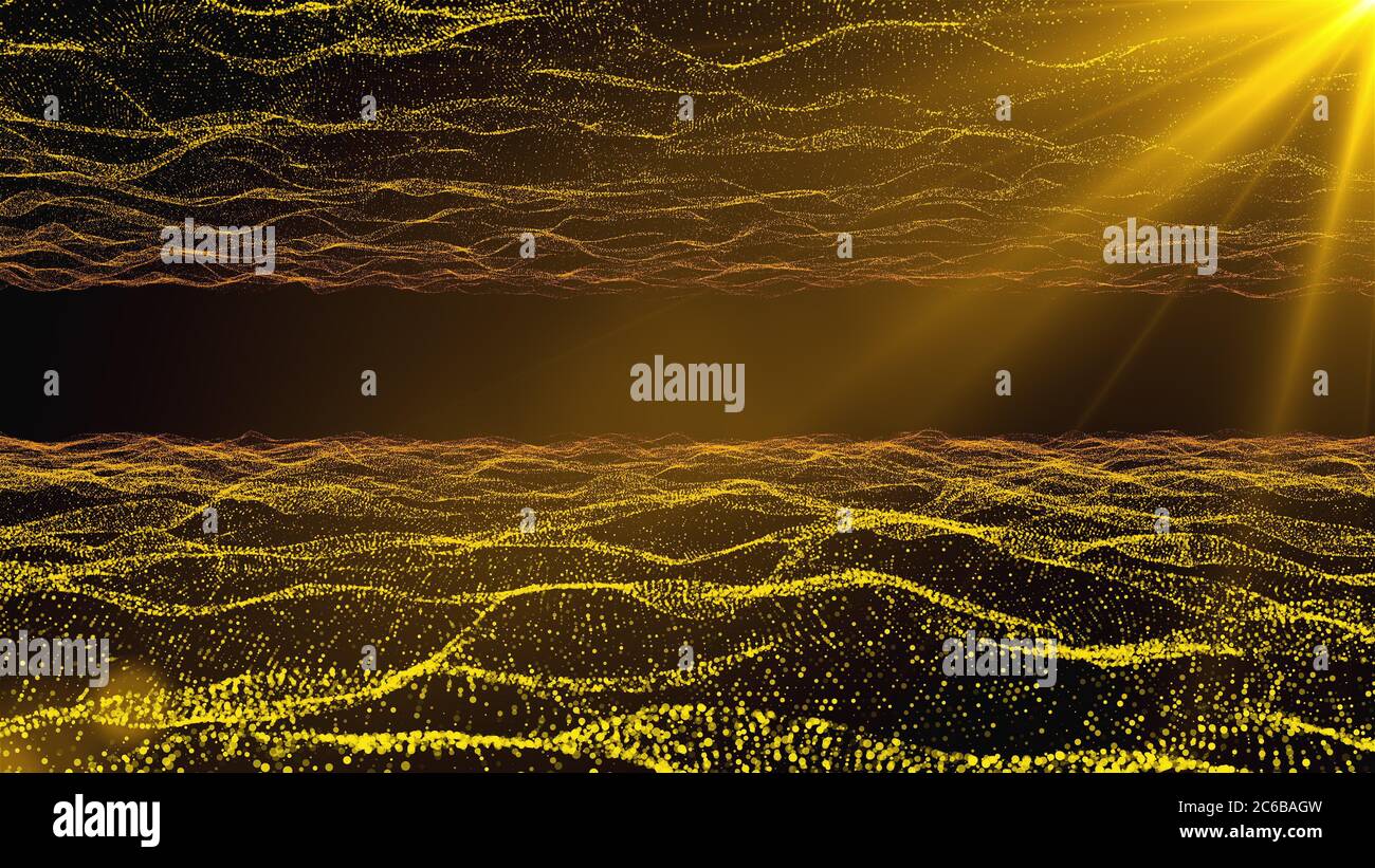 Computer generated upper and lower wavy layers of small shiny particles ...