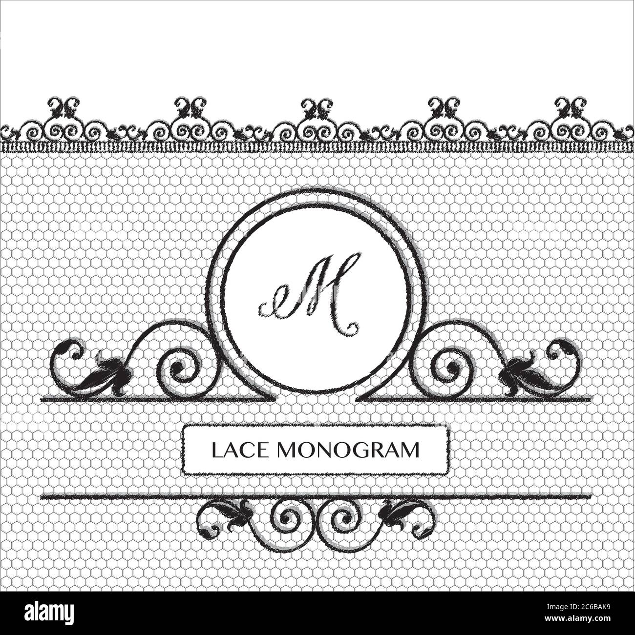 Letter M black lace monogram, stitched on seamless tulle background ...