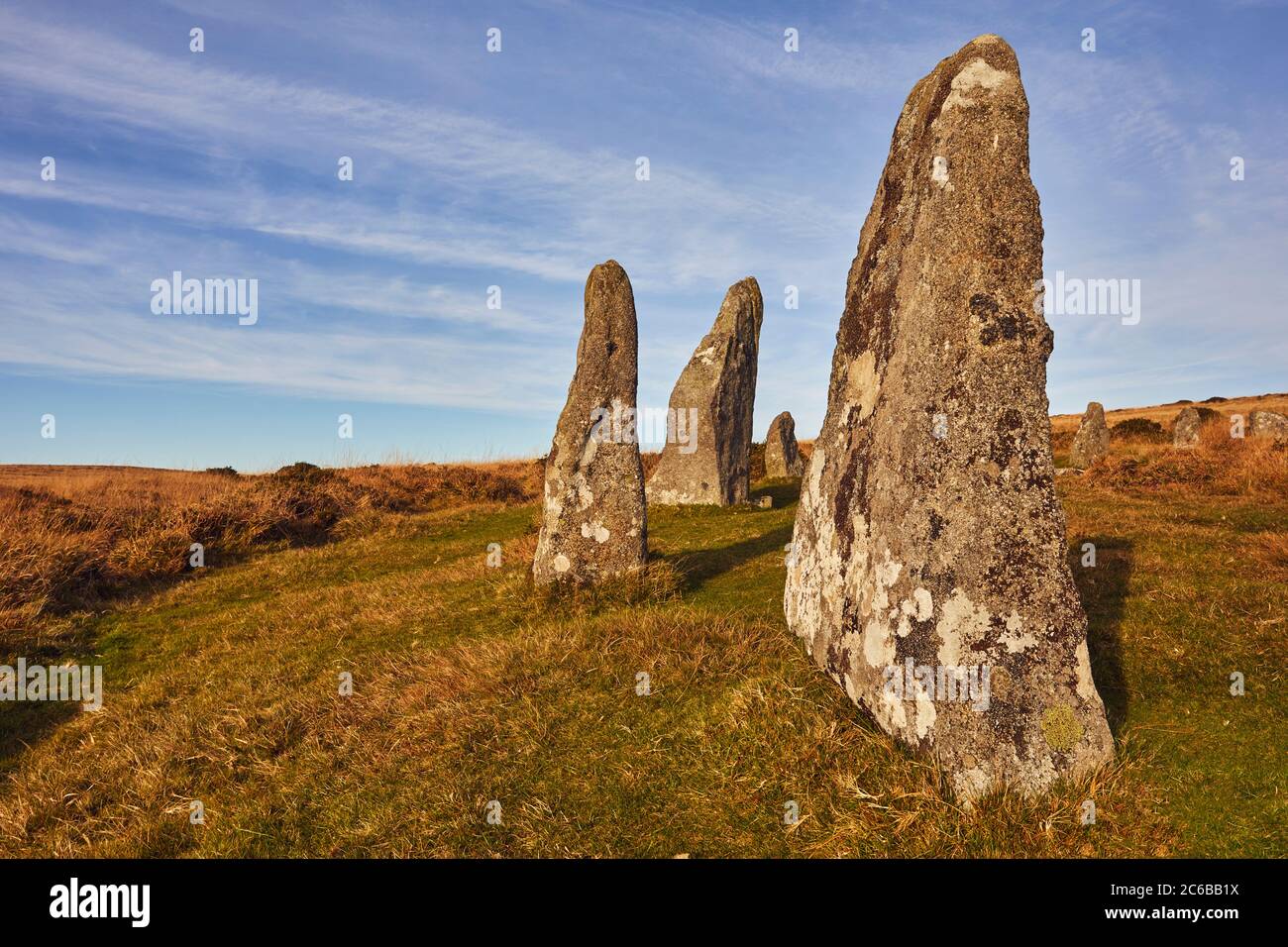 Ancient prehistoric standing stones in a stone circle, Scorhill Stone ...