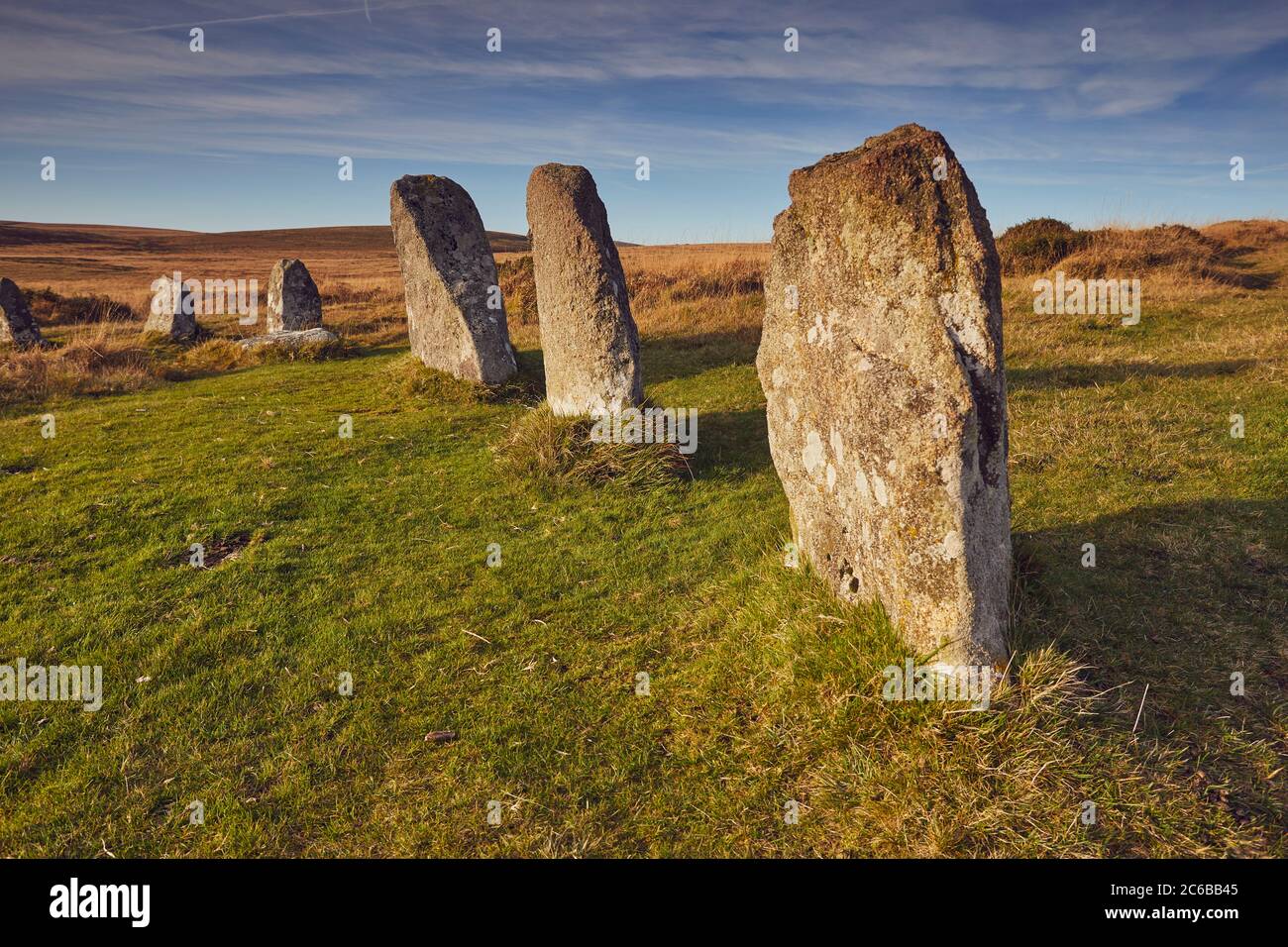Ancient prehistoric standing stones in a stone circle, Scorhill Stone ...