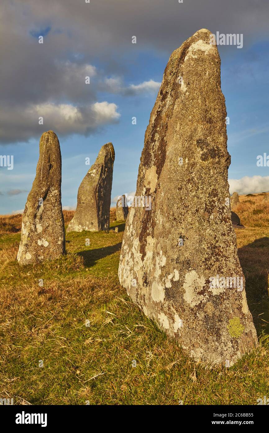 Ancient prehistoric standing stones in a stone circle, Scorhill Stone ...