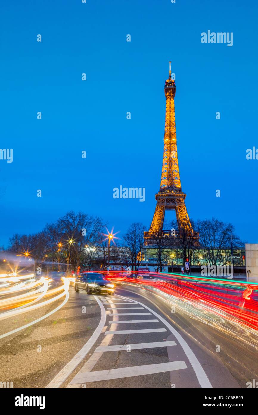 Eiffel Tower, traffic light trails, Paris, France, Europe Stock Photo ...