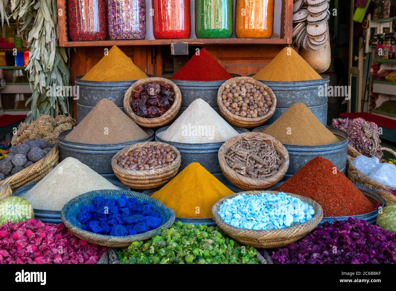 Display of spices and pot pourri in spice market in the souks of ...