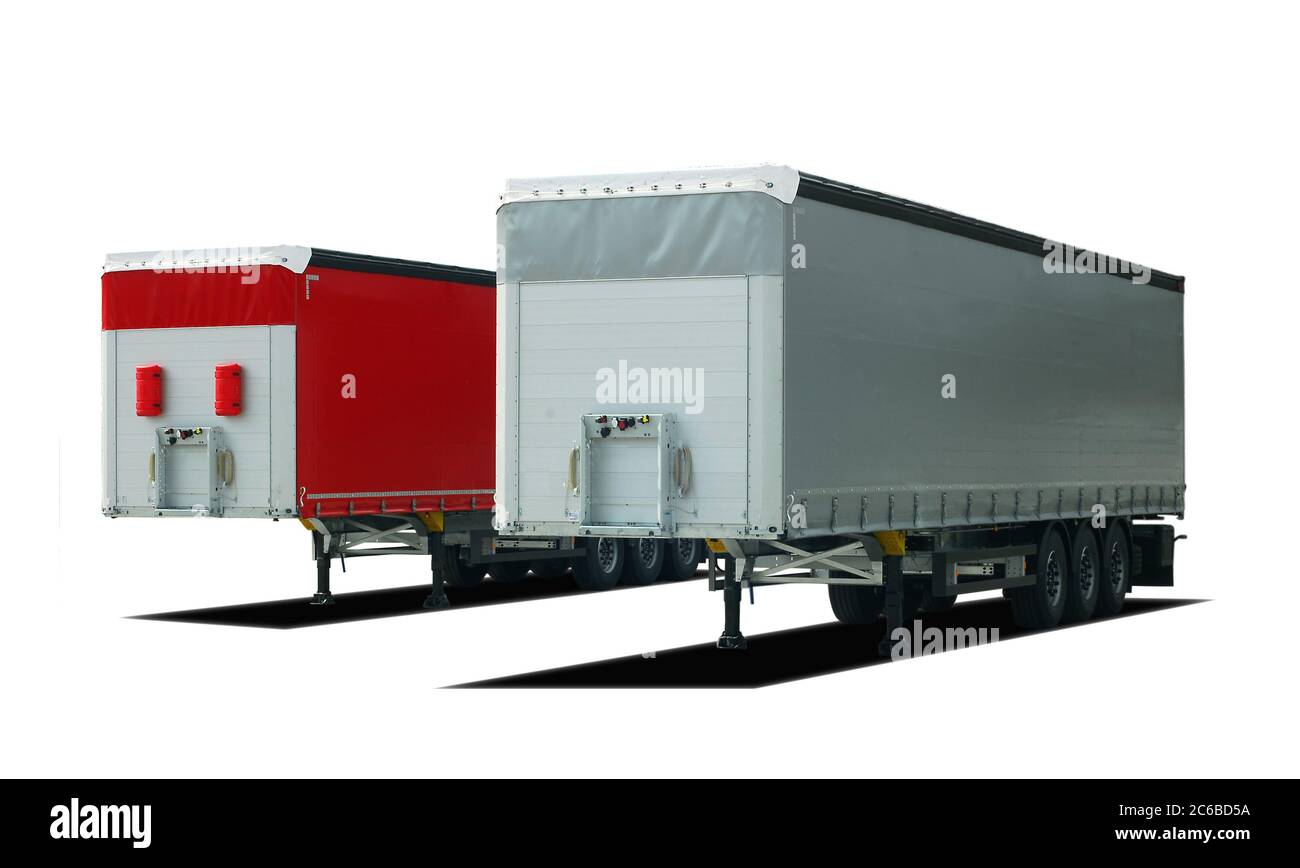 two truck semi trailer, two parked semi trailer truck on a white ...