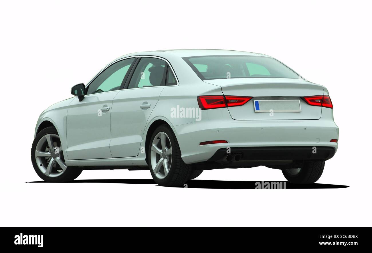 white sedan rear view, white car on white background Stock Photo - Alamy