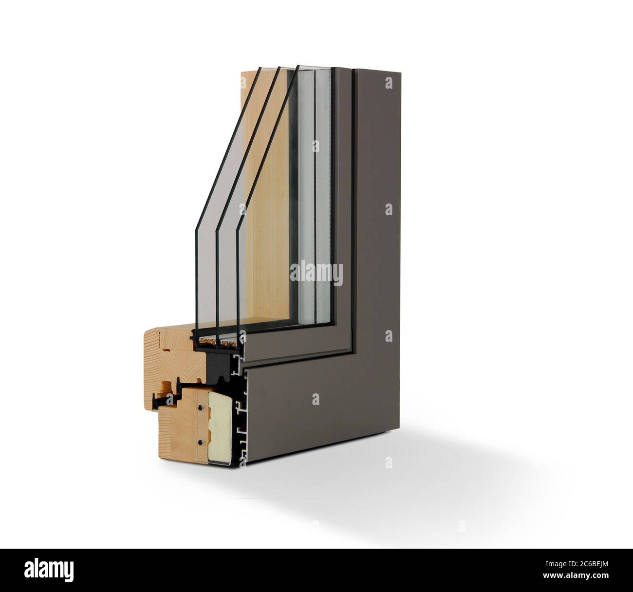 wooden window profile, section window with three glasses and two air ...