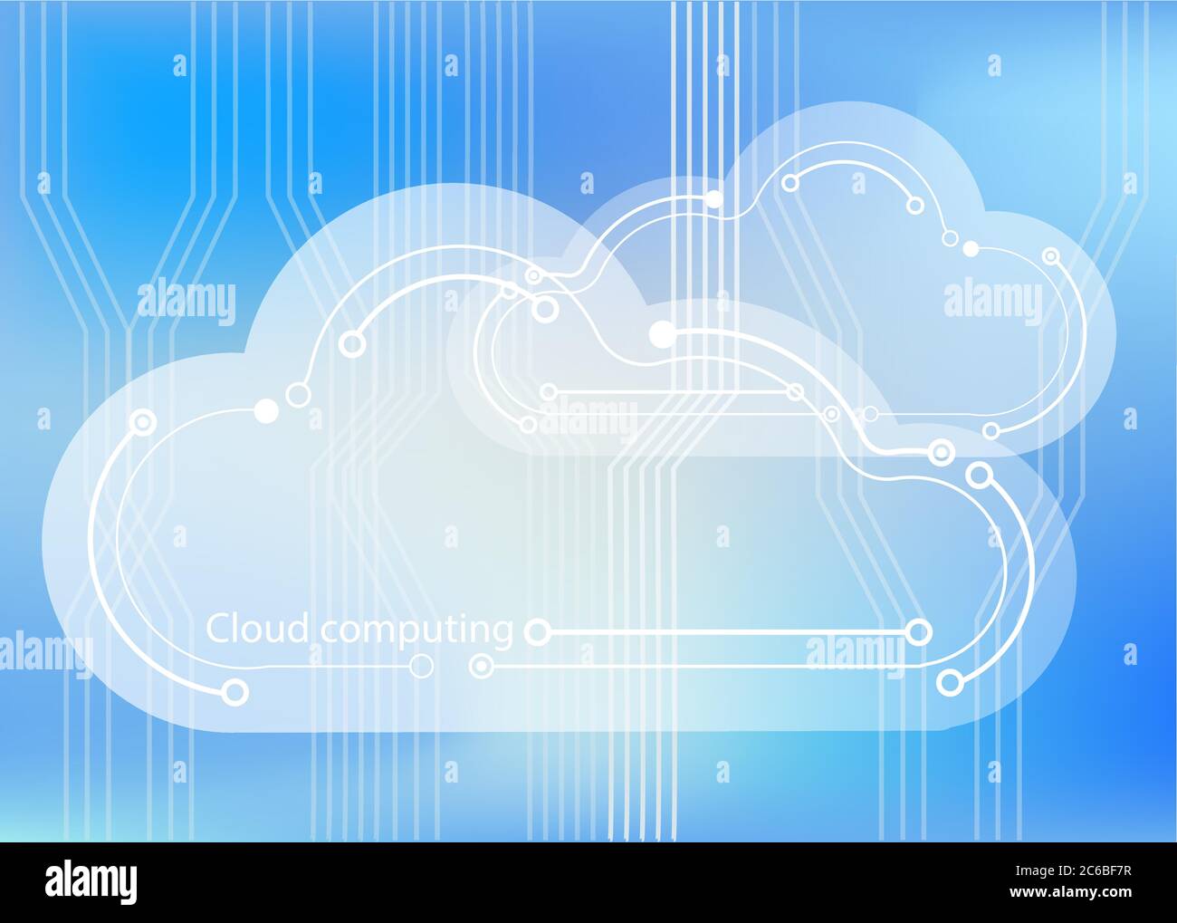 Cloud computing concept showing cloud icons styled like circuit boards agaisnt a circuit board ...