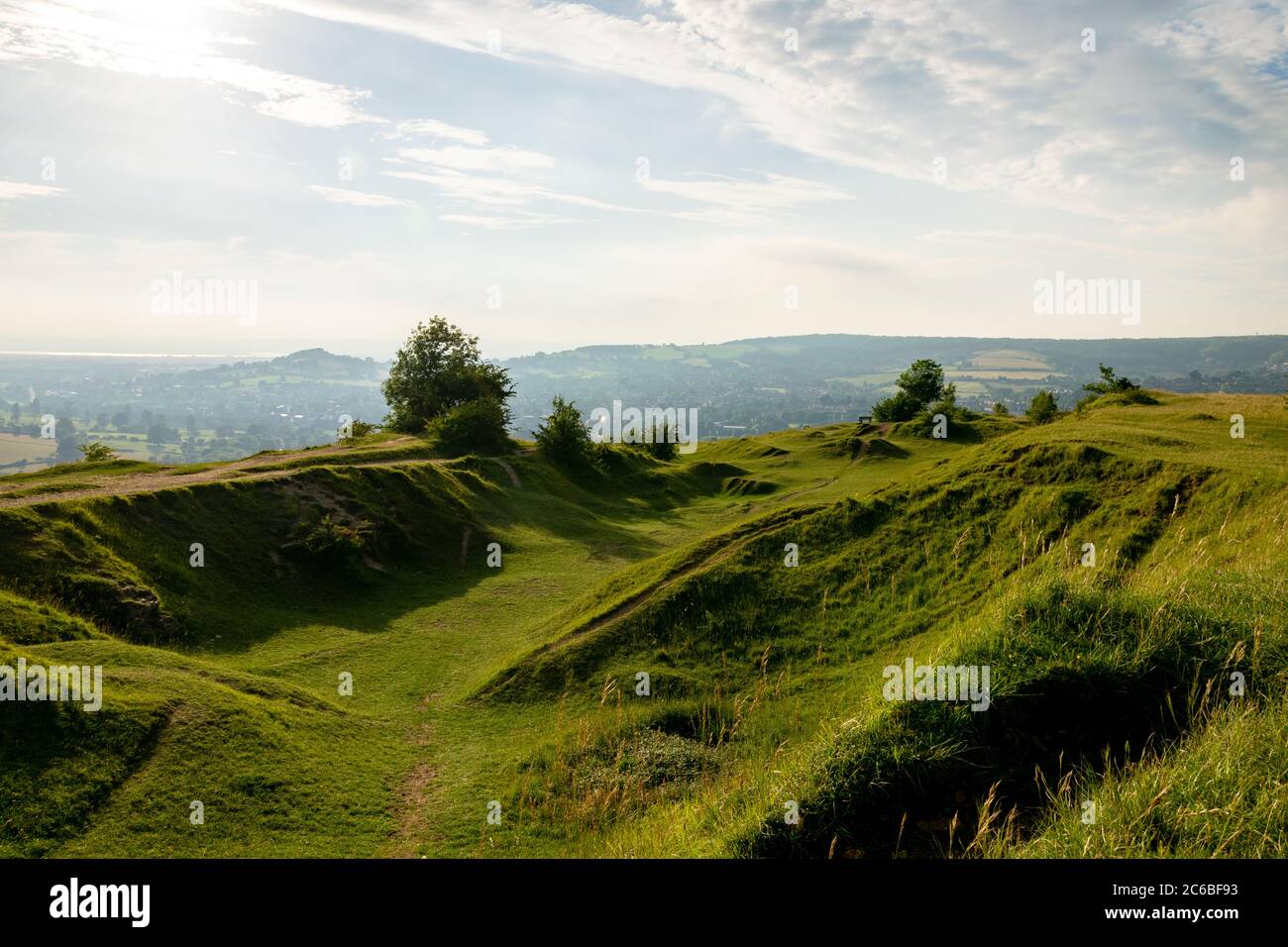 A view of the grassy remains of old quarries on Rodborough Common ...