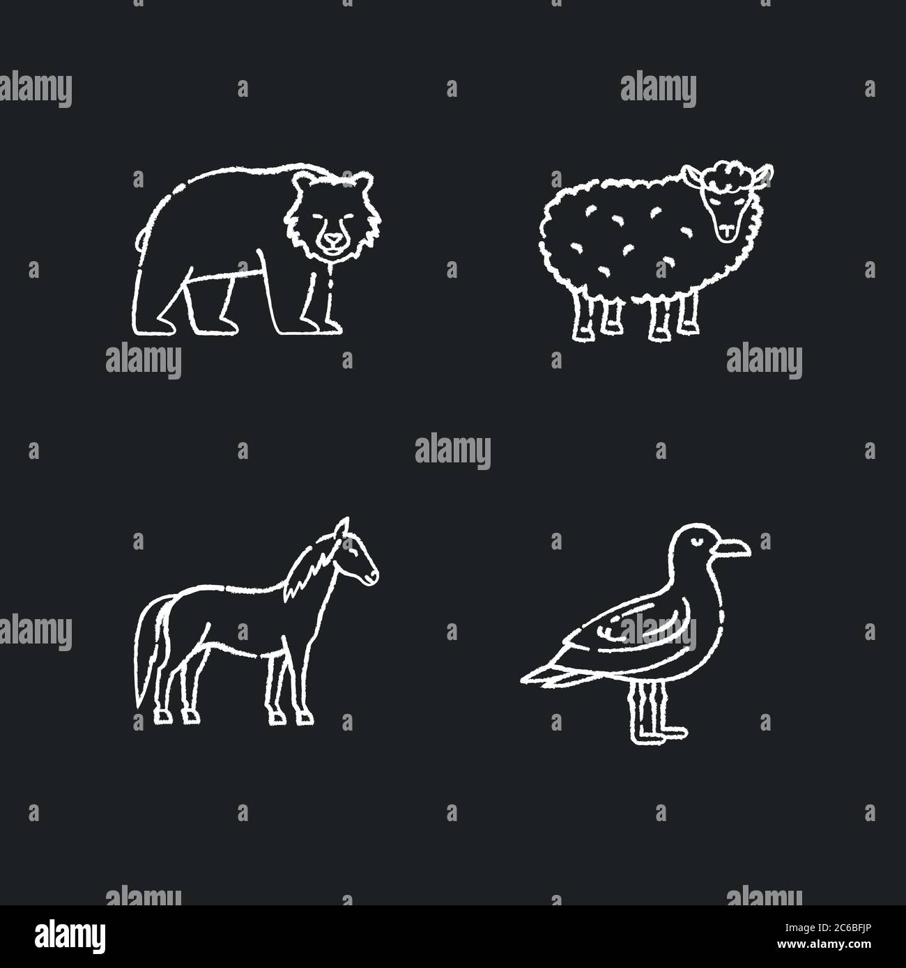 Domestic and wild animals chalk white icons set on black background ...