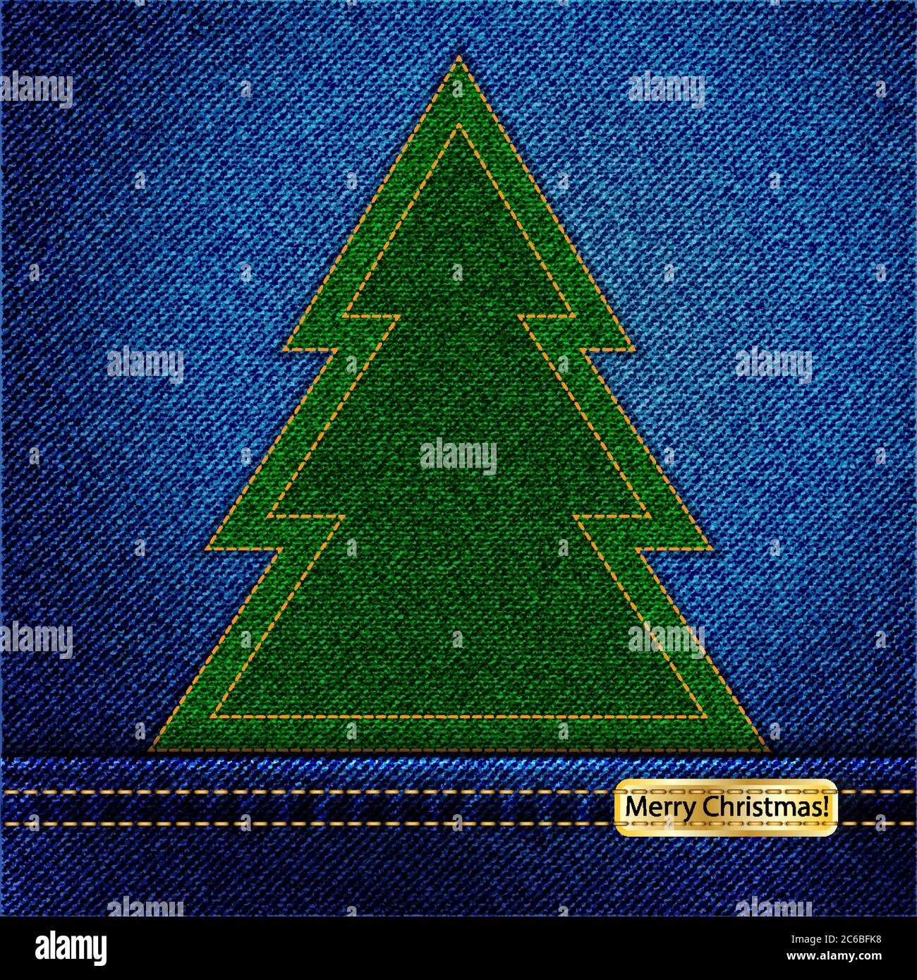 A denim background with an applique Christmas tree and a tab wishing a ...