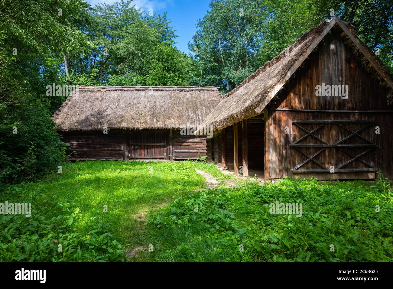 Traditional village in Poland. Open Air Museum. Wooden houses. Wooden ...