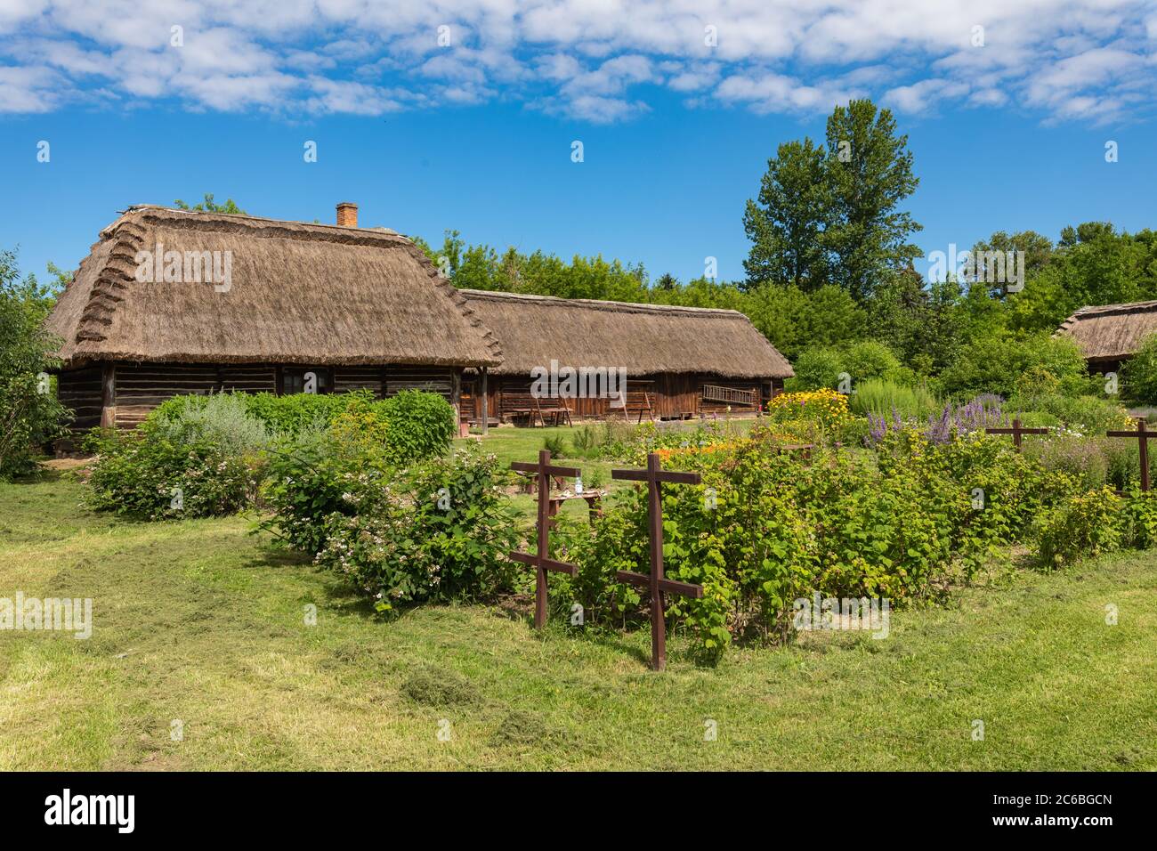 Traditional village in Poland. Open Air Museum. Wooden houses. Wooden ...