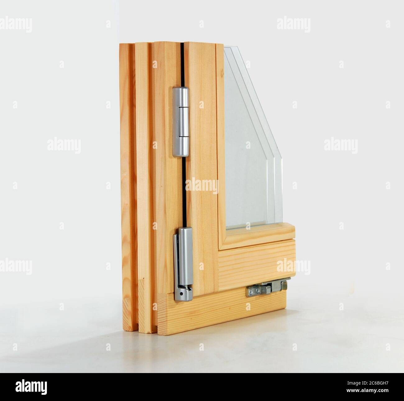 wooden window profile, section window with three glasses and two air ...