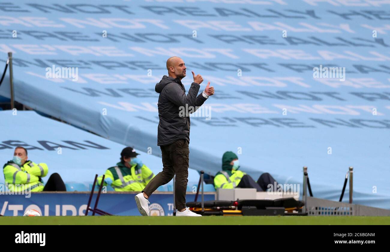 Manchester City manager Pep Guardiola gestures on the touchline during ...