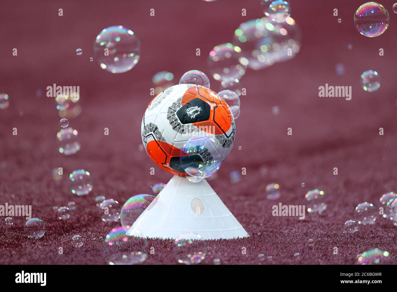 Disinfected match ball on a cone during the Premier League match at ...